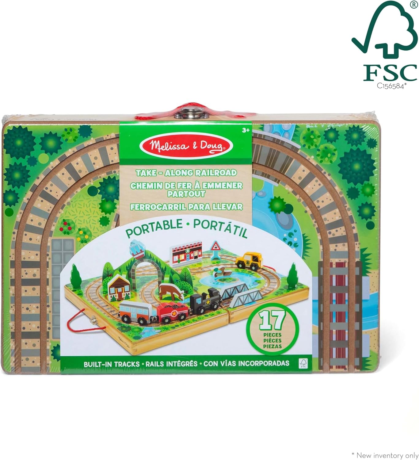 Melissa & Doug Take-Along Railroad – 17-Piece Wooden Train Set with Bu